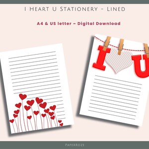 I Heart U Valentines Day Stationery Set. February 14 Love Letter Pack ...