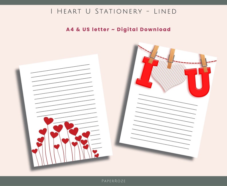 I Heart U Valentines Day Stationery Set. February 14 Love Letter Pack ...