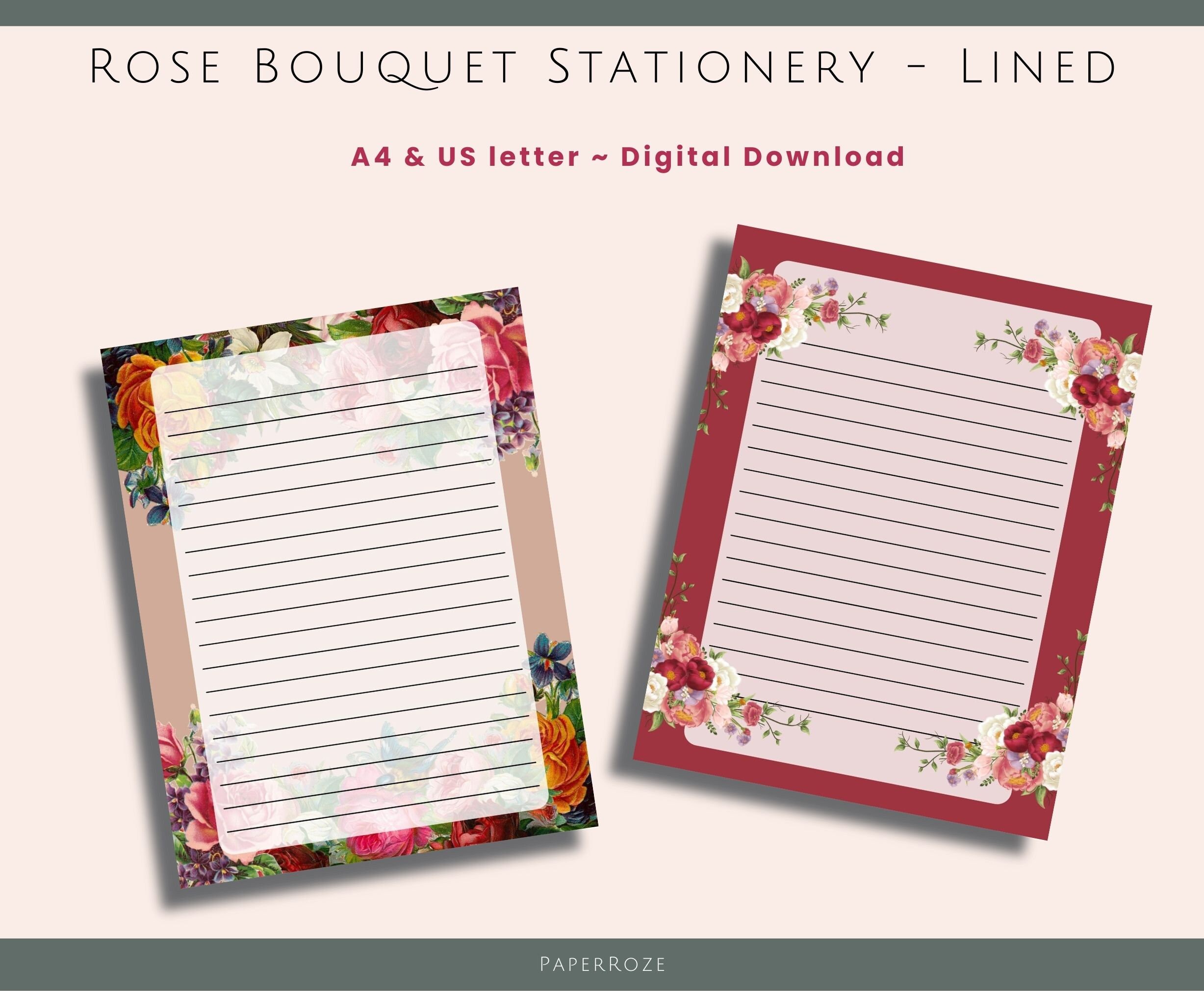 Rose Bouquet Stationery Pack. Floral Printable Stationery Set. Red Rose ...