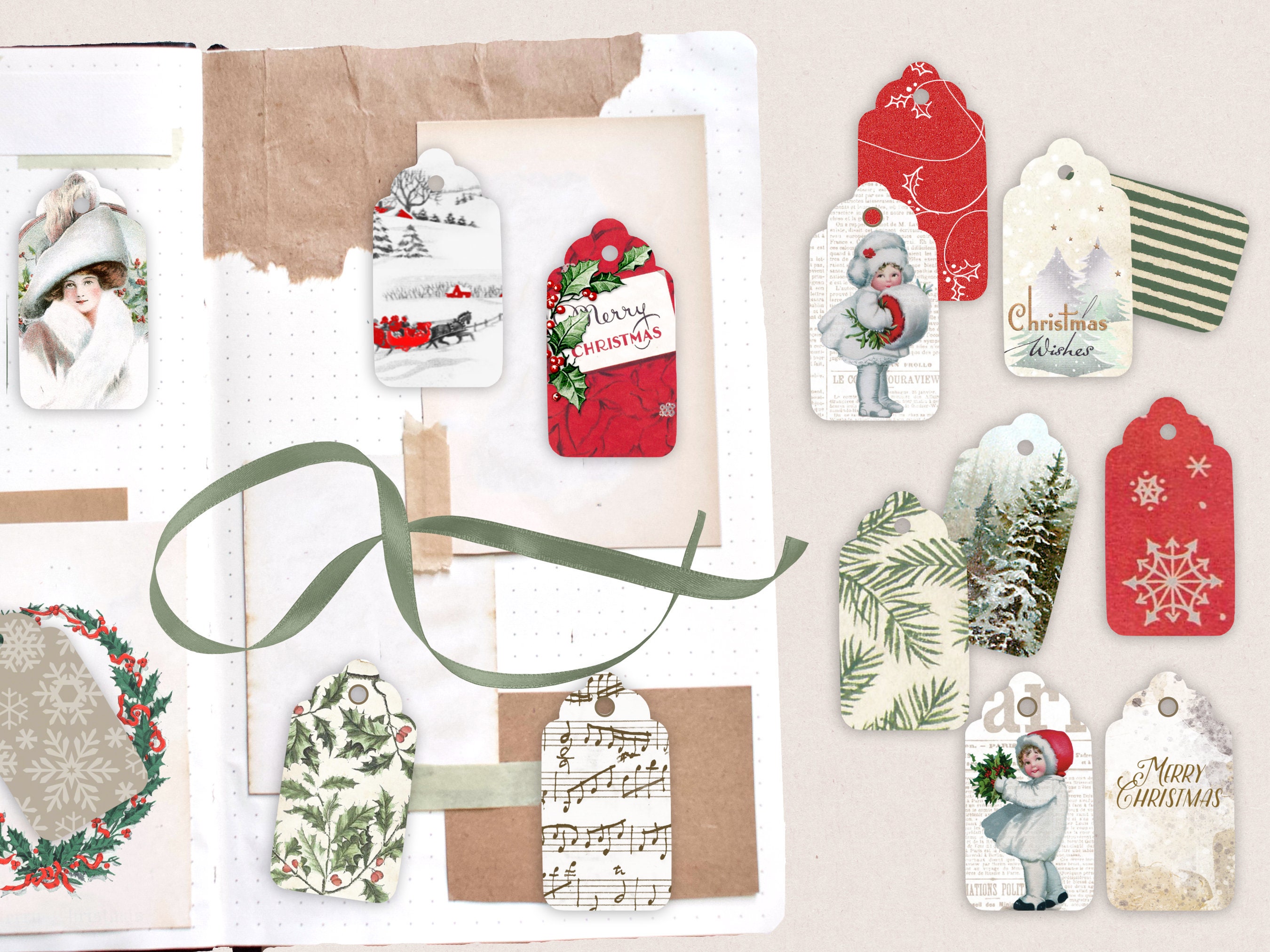 PRINTABLE Christmas Tags Junk Journal Gift Vintage Girl Holly Snowflake ...