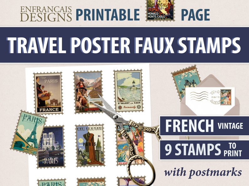 French Travel Poster Printable Stamps | Faux Postage Stamps | Vintage Travel Poster | Junk ...