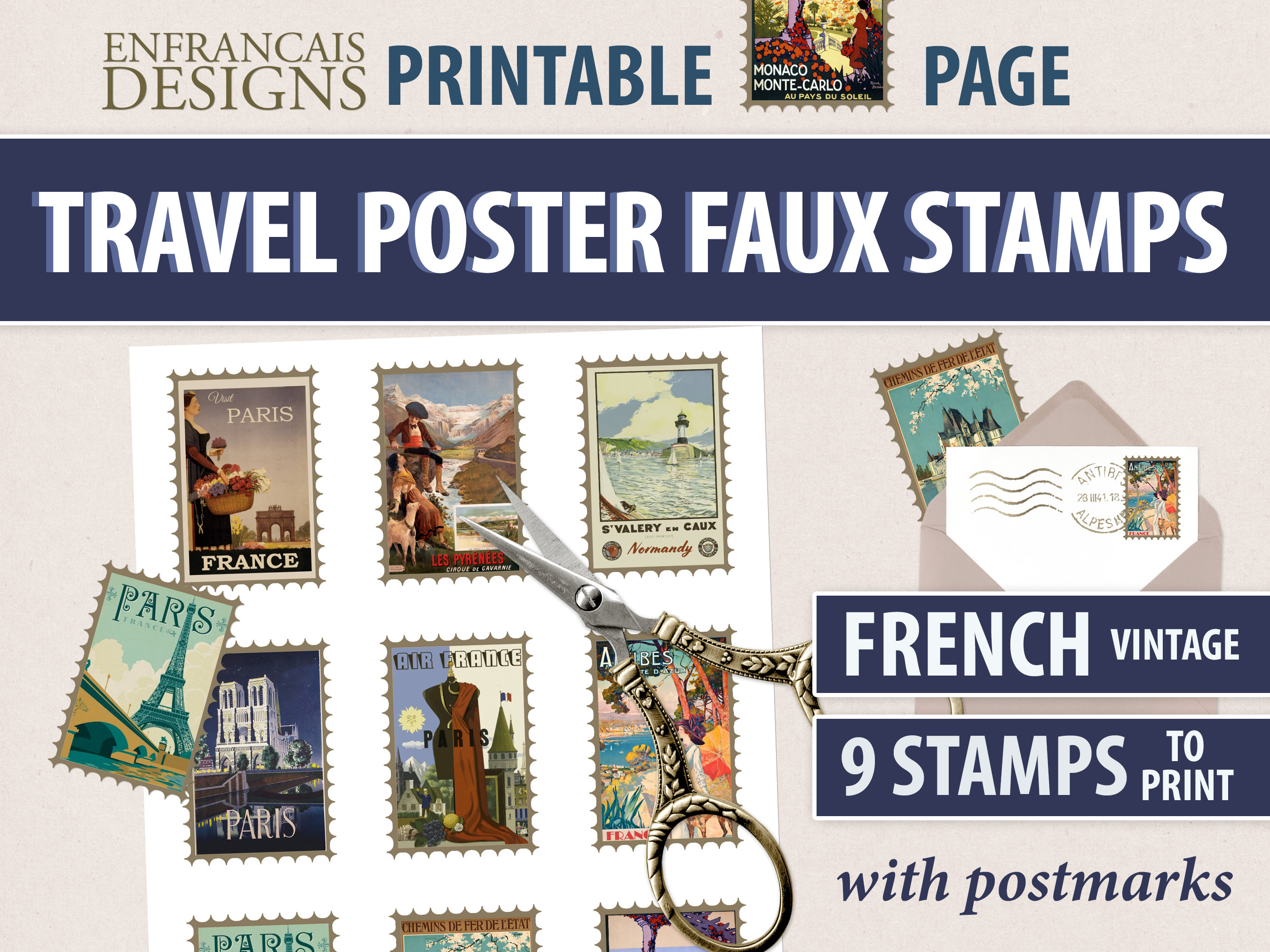 French Travel Poster Printable Stamps | Faux Postage Stamps | Vintage ...