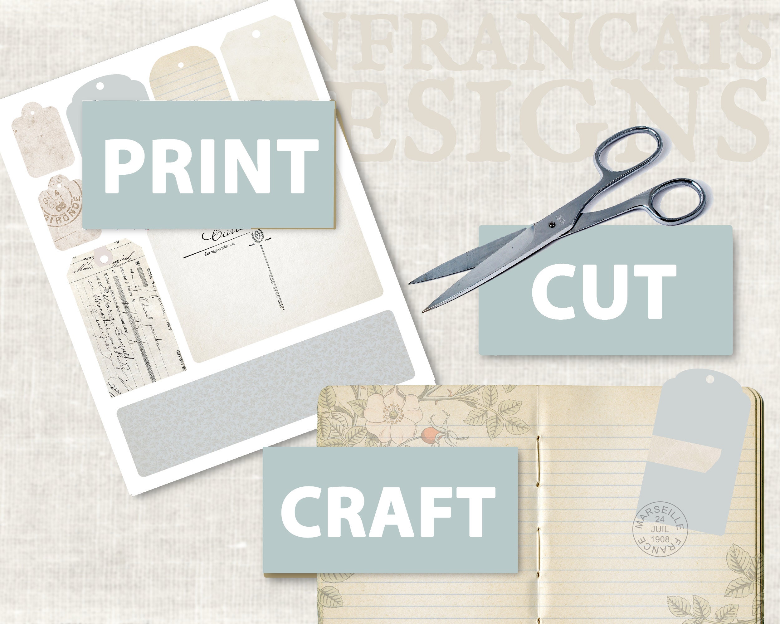 Junk Journal Kit Printables French Tags Junk Journal Carte Postale ...