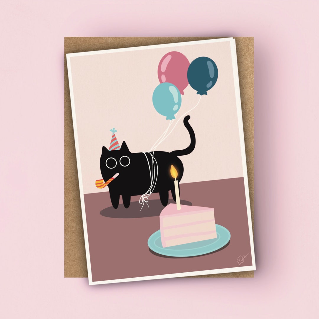 Black Cat Happy Birthday Celebration Card With Balloons A6 - Etsy