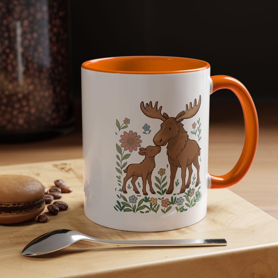 Ceramic Mug, Cute Father Moose and Baby Moose Nuzzling in Field of ...