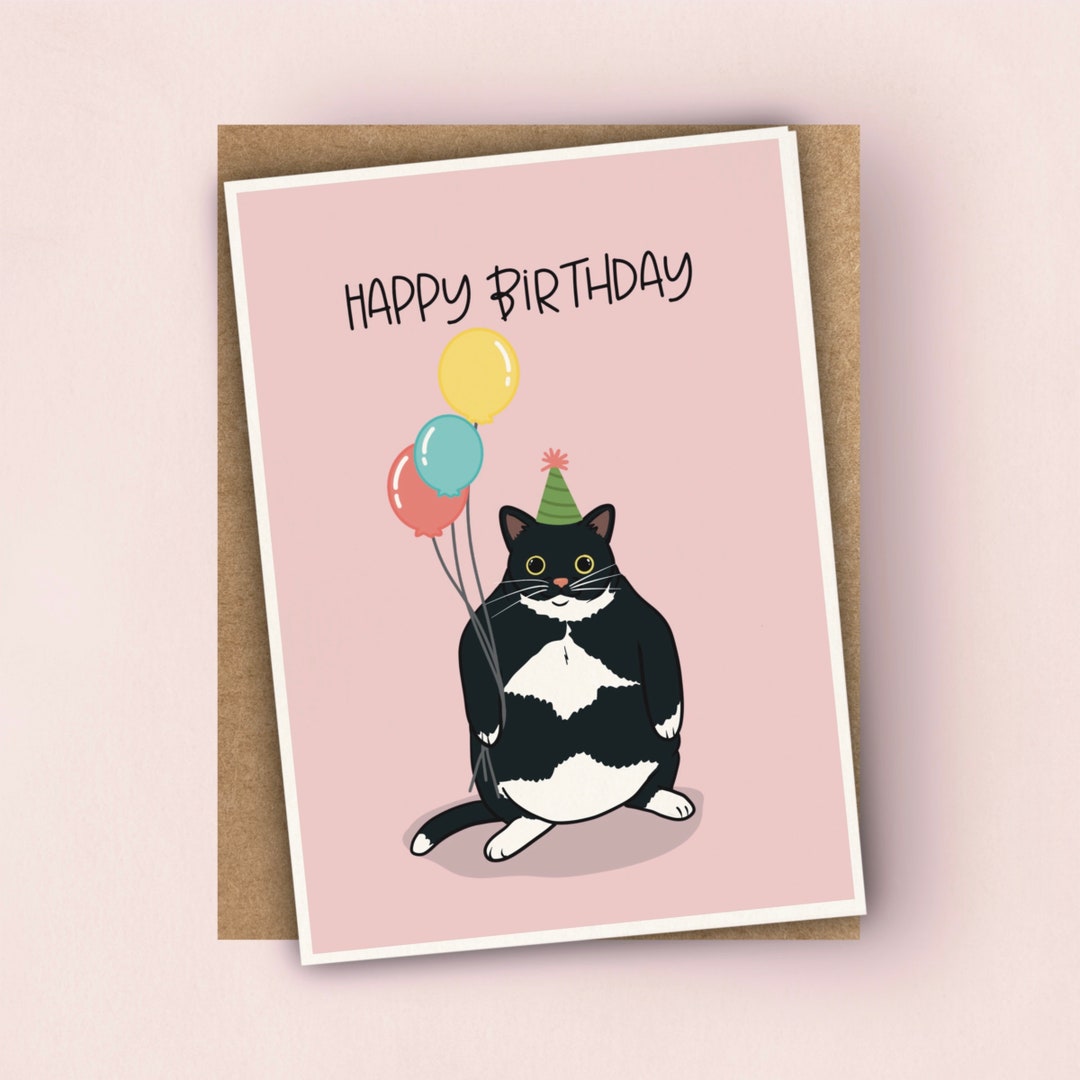 Happy Birthday Fat Tuxedo Cat Celebration A6 Greeting Card - Etsy