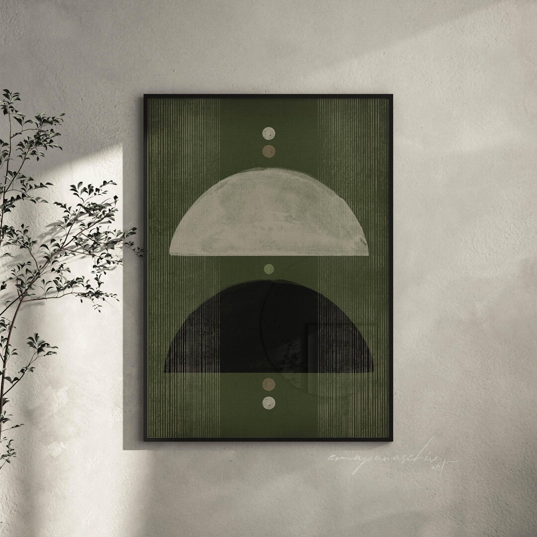 Quadro em tela estilo Japandi em tons de verde, preto e creme, com ...