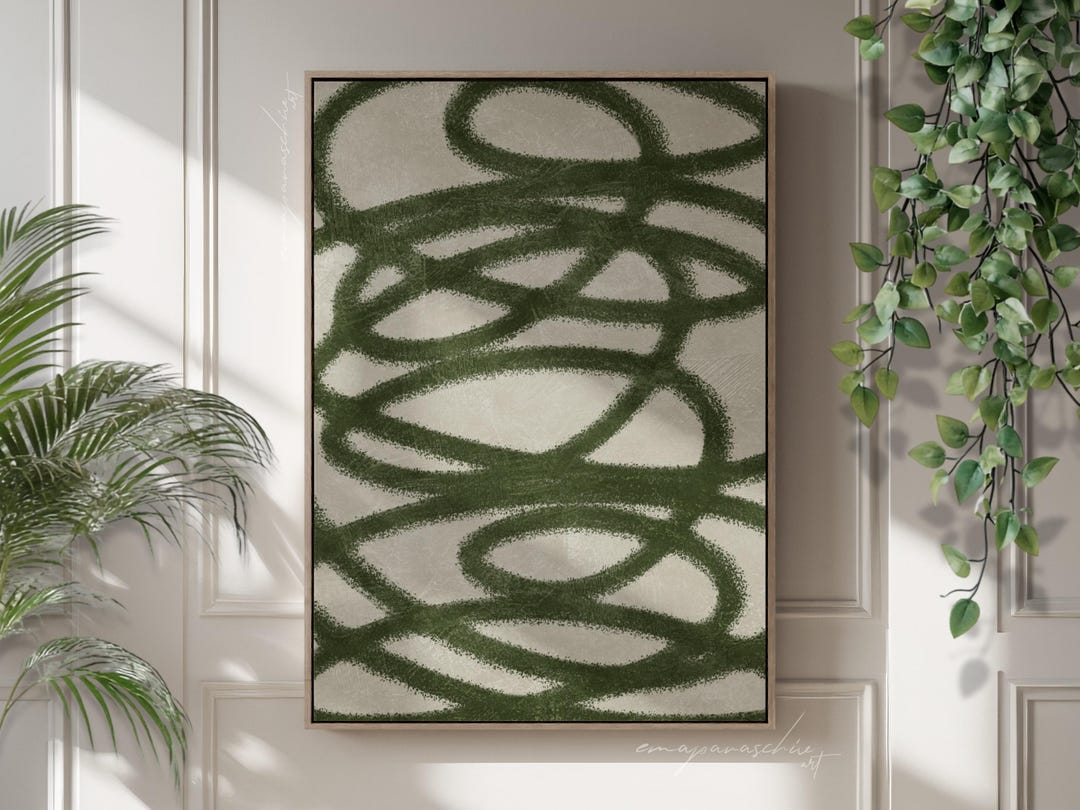Dark Green Abstract Loops Minimalist Art Print, Swirly Chunky Line ...