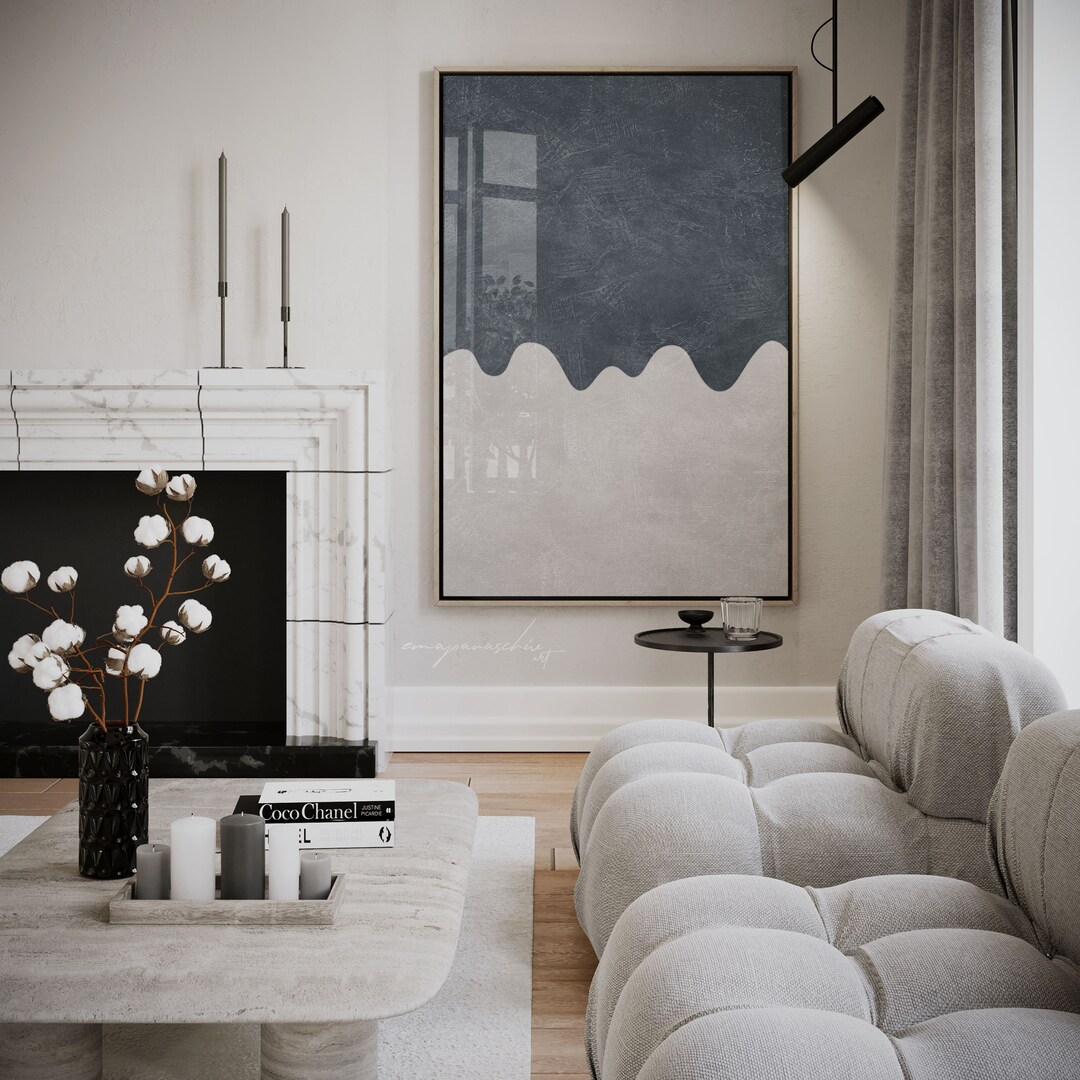 Dark Dusty Blue Wavy Minimalist Abstract Printable Wall Art, Funky ...