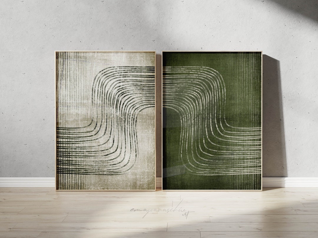 Olive Green Download Wall Art, Dark Green Abstract Waves 2 Set, Elegant ...