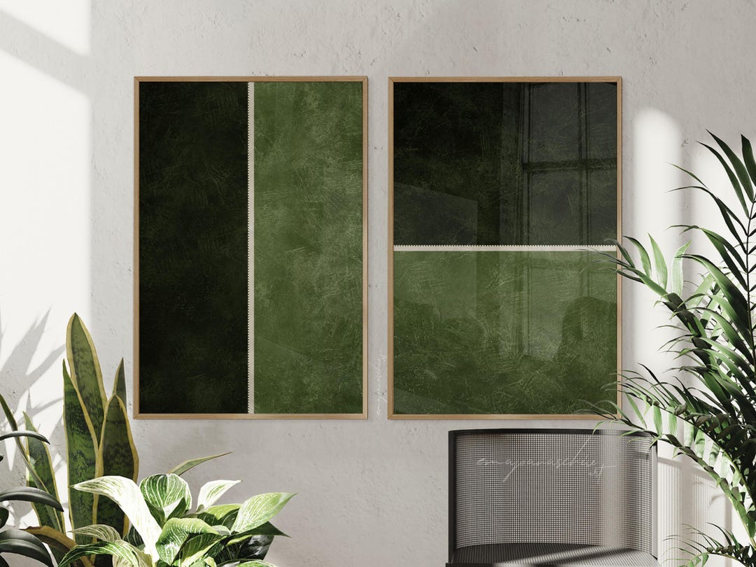 Geometric Dark Green Diptych Art Prints, 2-piece Minimalist Wabi Sabi ...