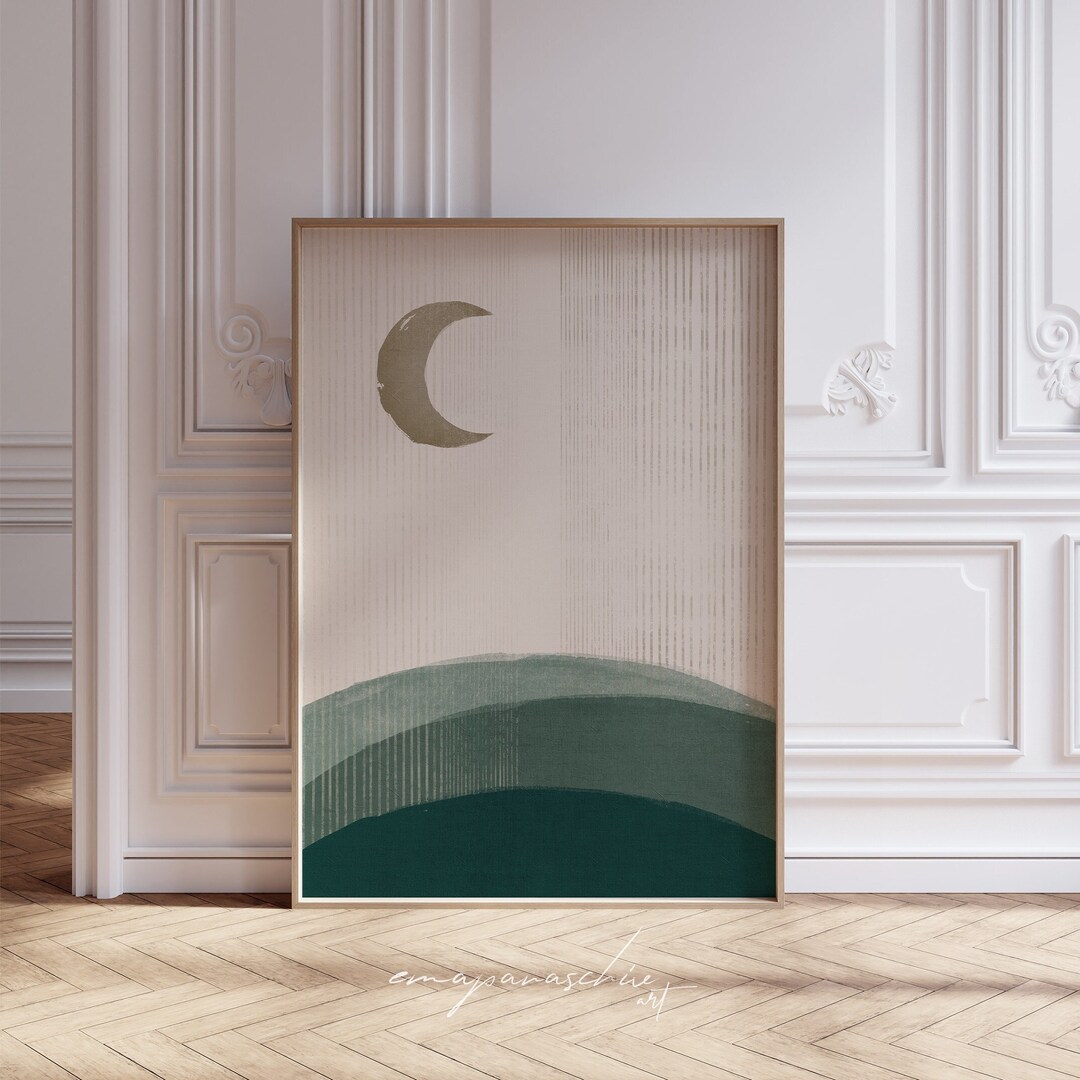 Emerald Jade Green Moon Printable Wall Art, Simple Surreal Moonscape ...
