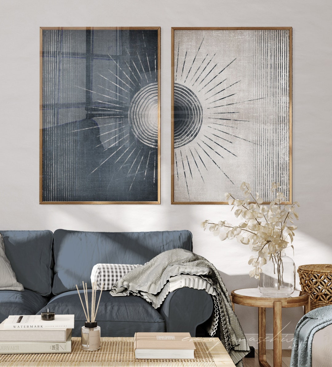 Dark Blue Printable Art Set Dusty Blue Abstract Sun Art - Etsy