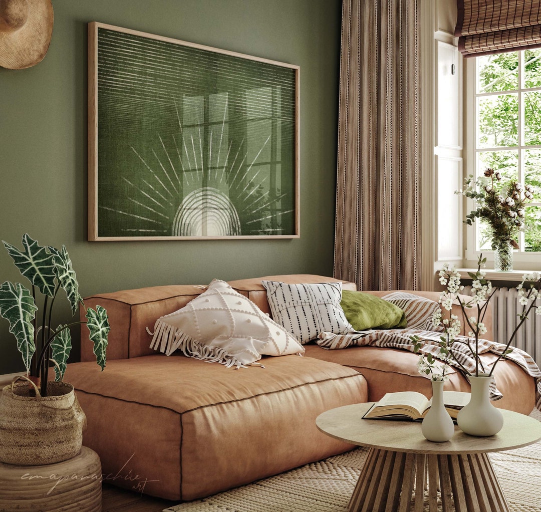 Dark Green Japandi Abstract Sun Digital Art Print, Printable Above Bed ...