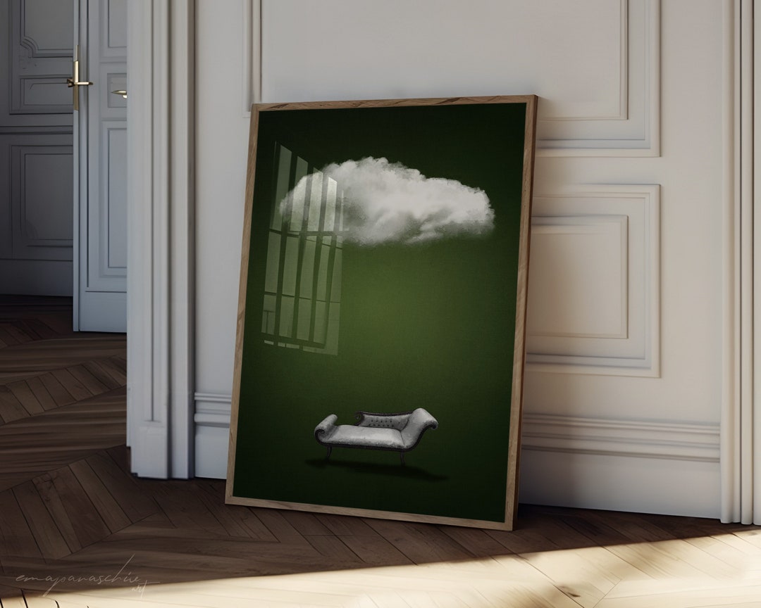 Dark Lime Green Surreal Cloud and Sofa Printable Wall Art, Moody ...