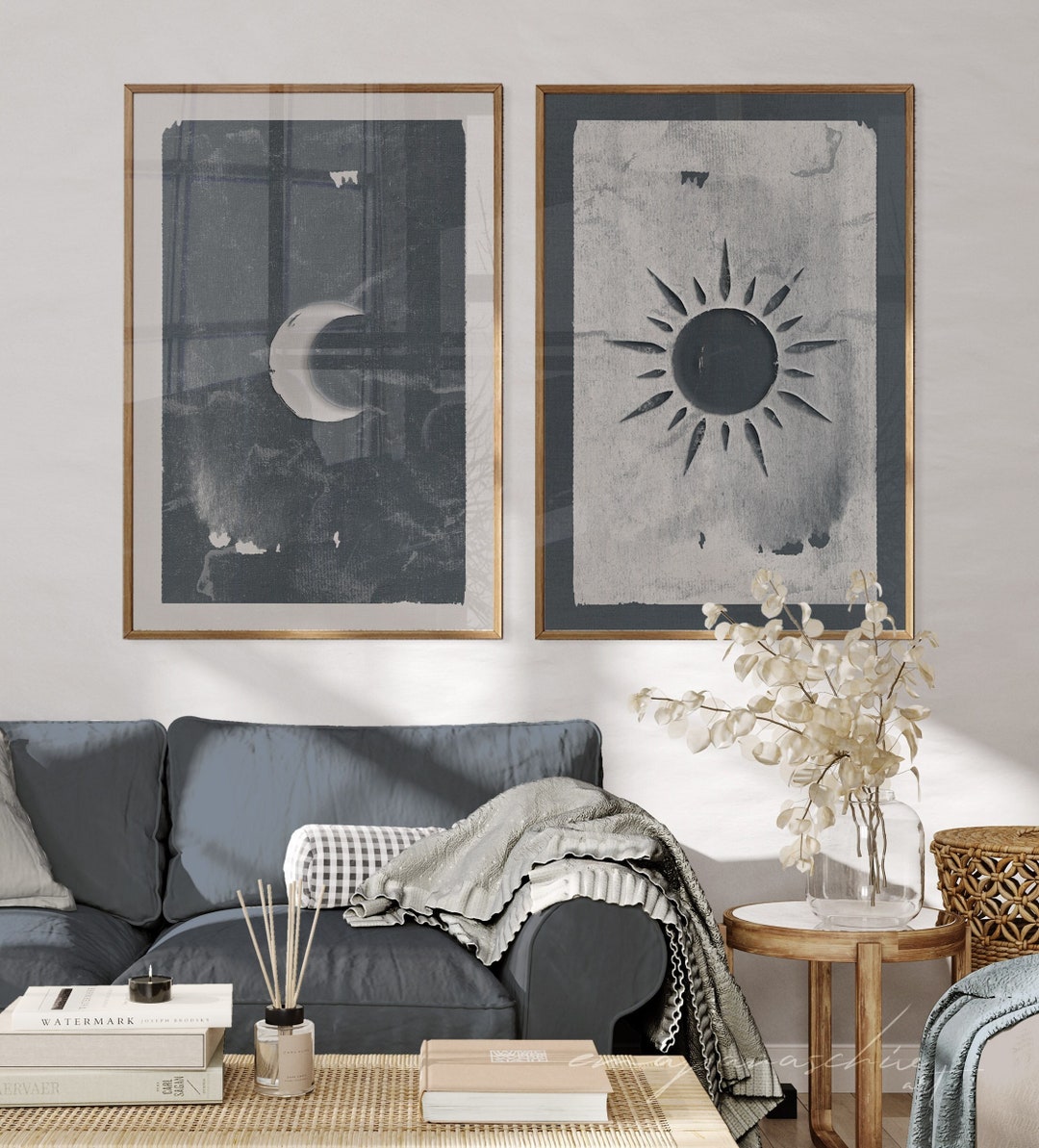 2 Piece Gray Navy Blue Sun Moon Printable Wall Art, Dark Dusty Blue ...