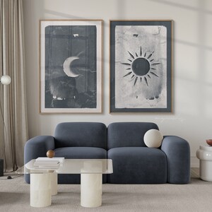 2 Piece Gray Navy Blue Sun Moon Printable Wall Art, Dark Dusty Blue ...