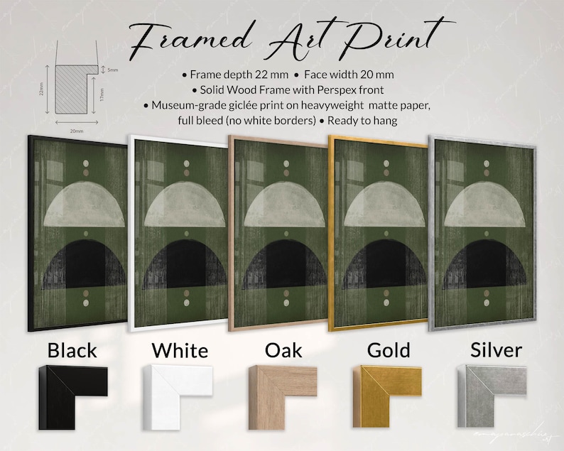Quadro em tela estilo Japandi em tons de verde, preto e creme, com ...