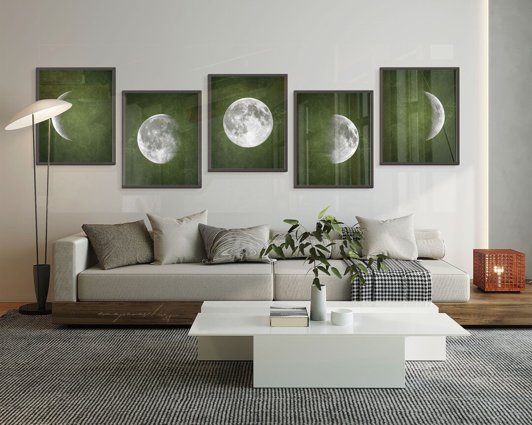 Dark Moss Green Moon Phases Printable Gallery Wall Set, Minimalist Deep ...
