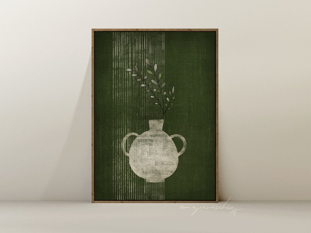 Flower Market Digital Download, Green Minimalist Vase Painting, Dark ...