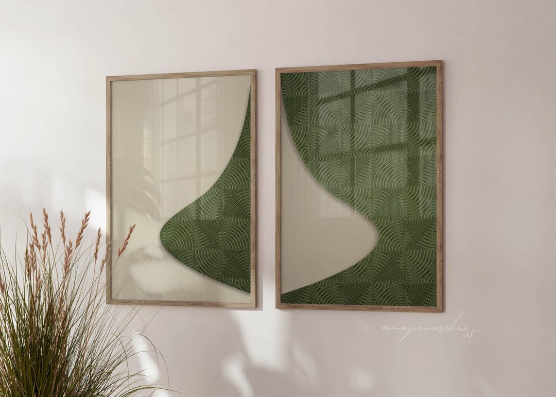 Díptico minimalista ondulado verde, conjunto de 2 peças com elegantes ...