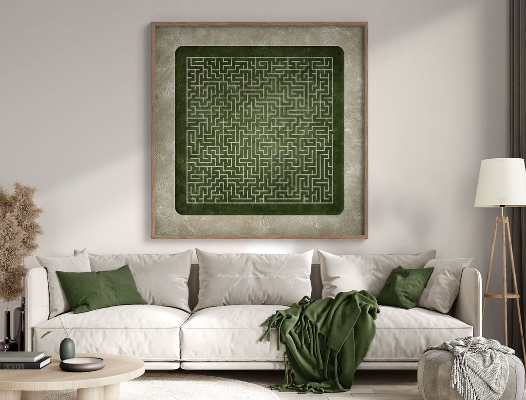 Dark Forest Green Square Labyrinth Printable Wall Art, Unique ...