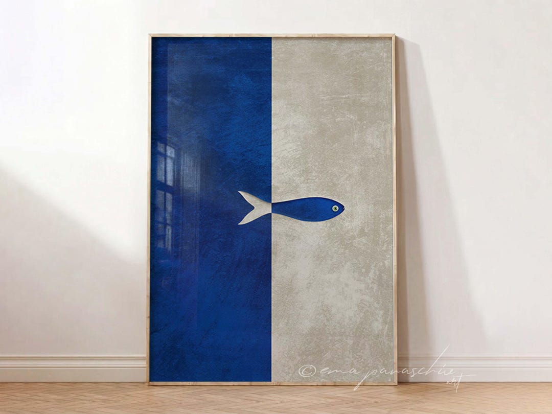 Blue Fish Minimalist Color Block Framed Art Print, Modern Abstract ...