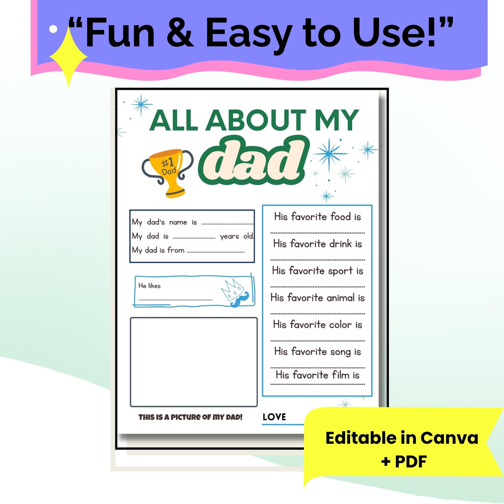 All About My Dad Printable | Father's Day Activity for Kids | Editable ...