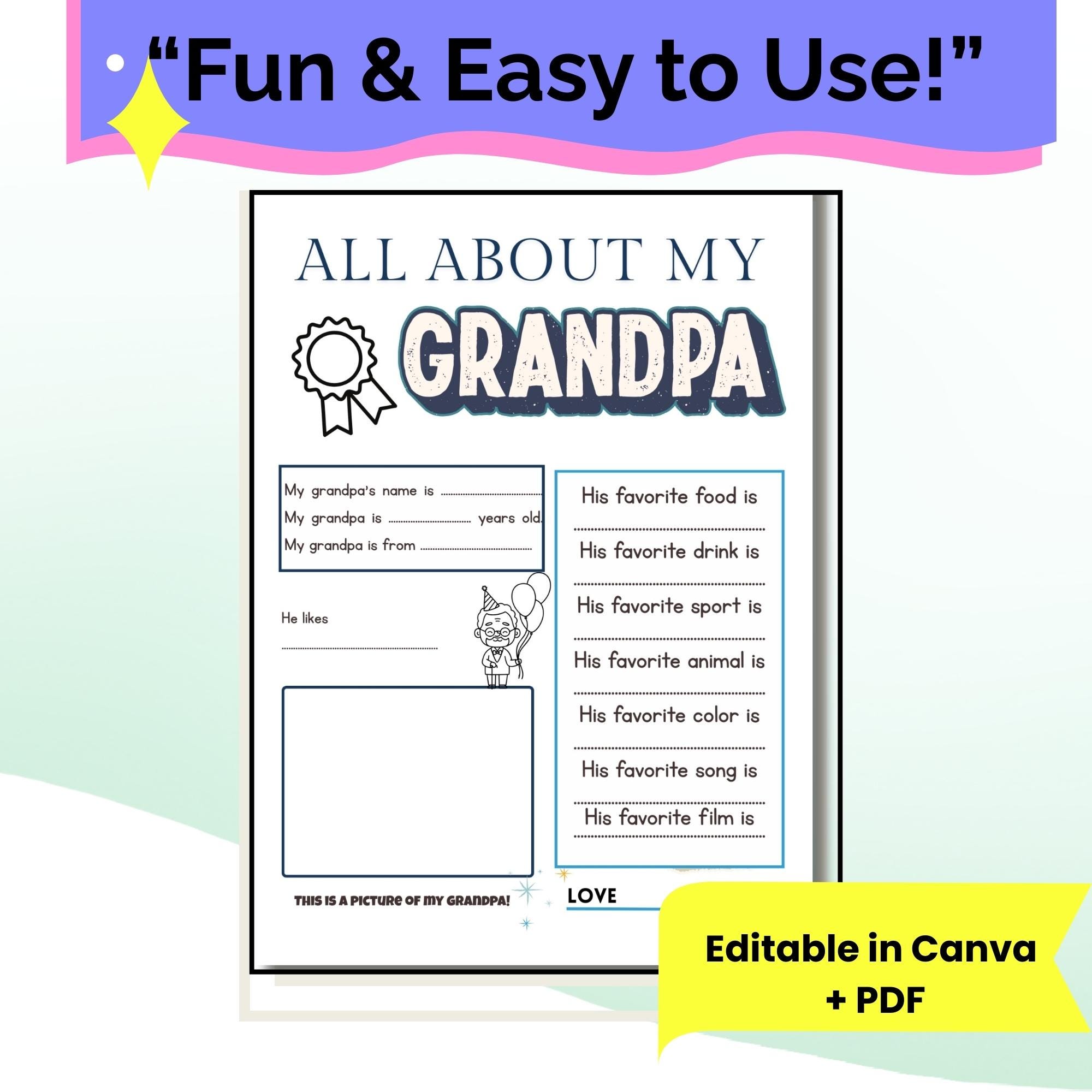 All About My Grandpa Printable, Fathers Day Activity for Kids, Editable ...