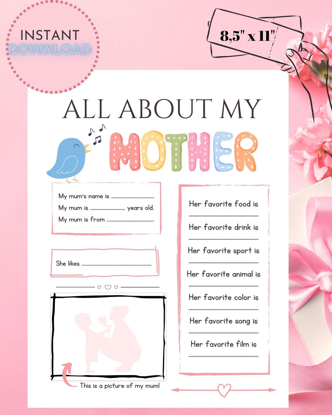 All About My Mom Mum Fill in the Blank Printable for Mother's Mothers ...