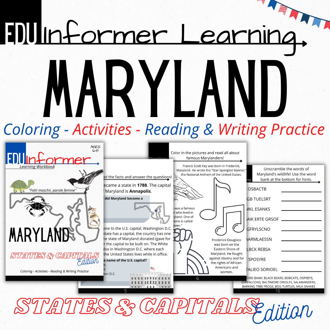 States and Capitals Series, Maryland Workbook, Printable and Digital ...