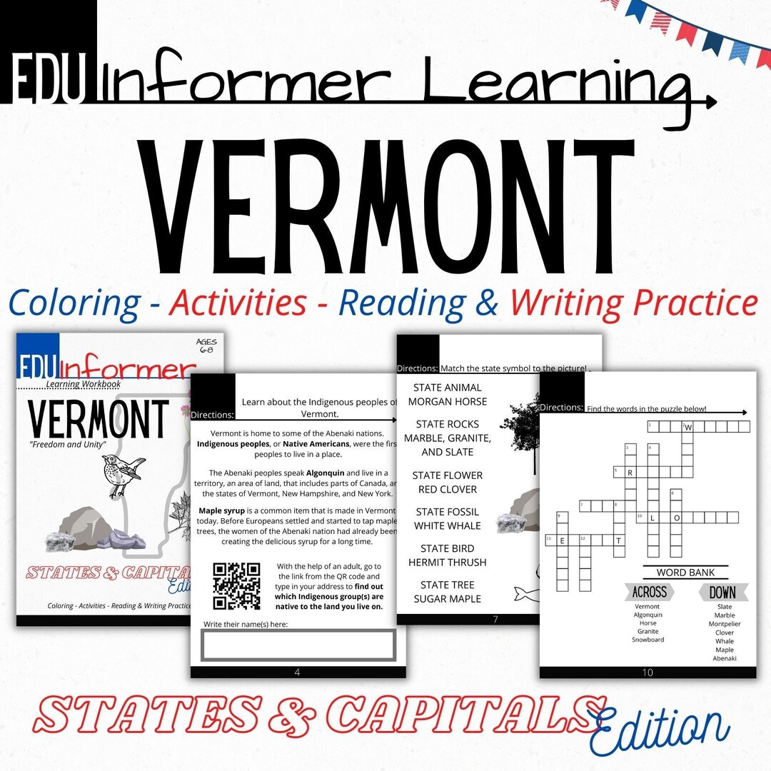 States and Capitals Series, Vermont Workbook, Printable and Digital ...