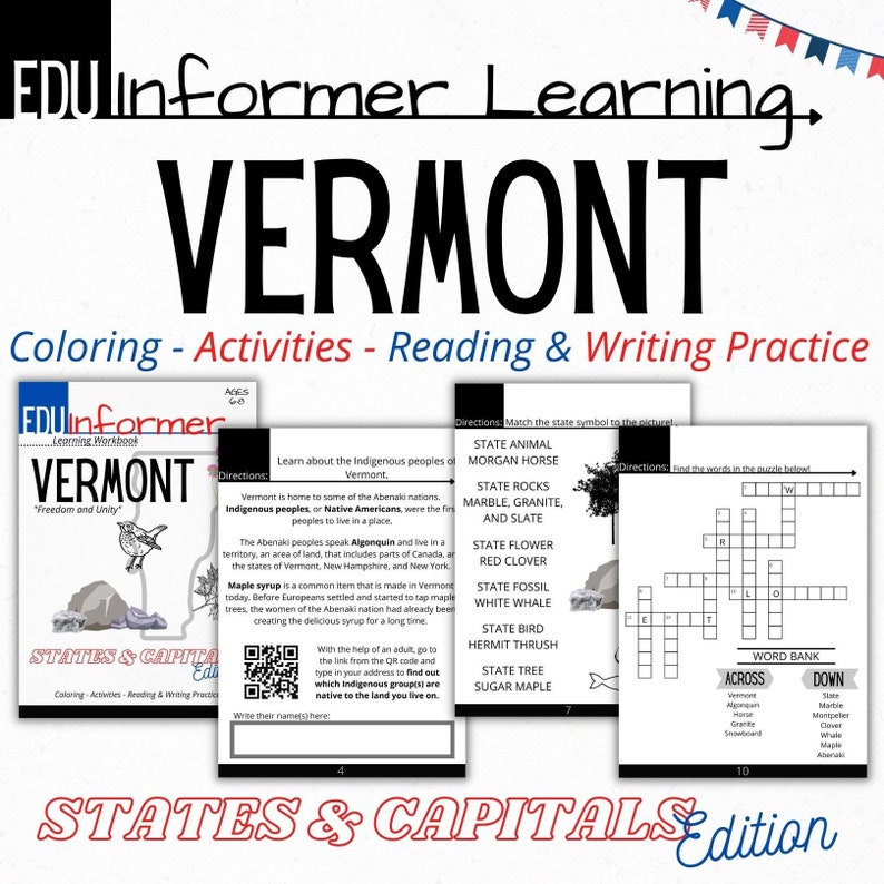 States and Capitals Series, Vermont Workbook, Printable and Digital ...