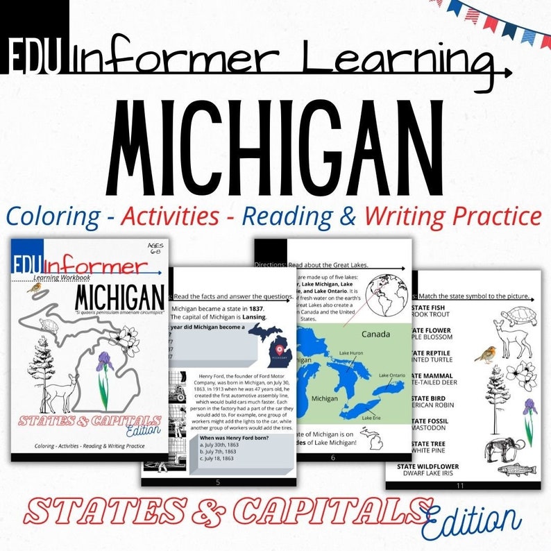States and Capitals Series, Michigan Workbook, Printable and Digital ...