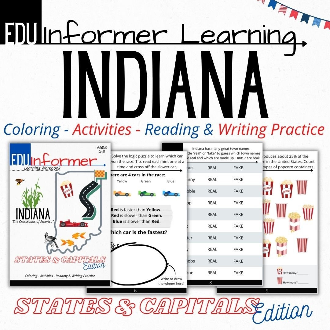 States and Capitals Series, Indiana Workbook, Printable and Digital ...