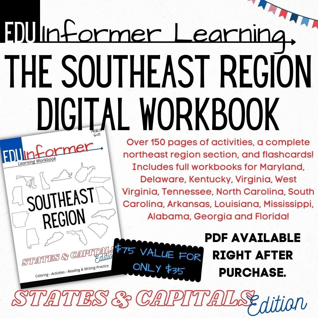 States and Capitals Series, the Southeast Region Workbook, Printable ...