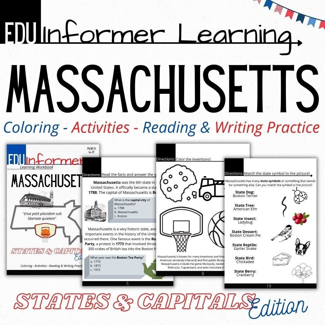 States and Capitals Series, Massachusetts Workbook, Printable and ...