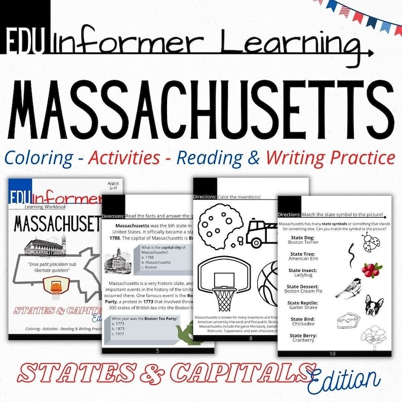 States and Capitals Series, Massachusetts Workbook, Printable and ...