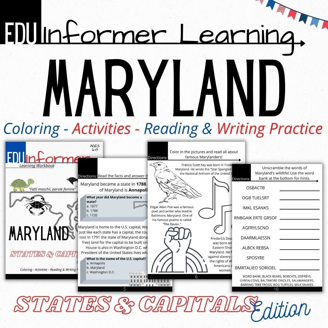 States and Capitals Series Maryland Workbook Printable and | Etsy