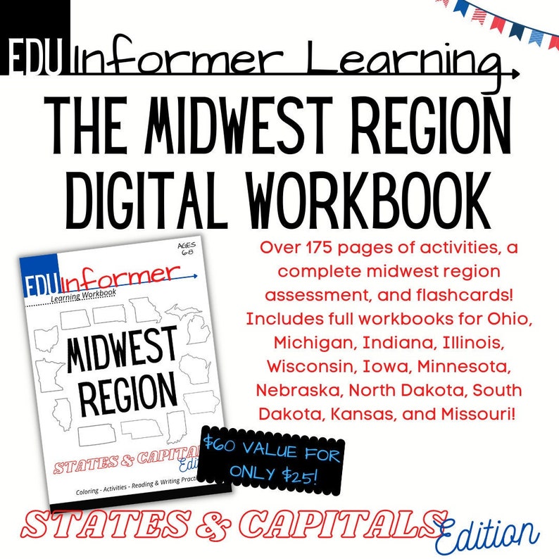 States and Capitals Series, the Midwest Region DIGITAL Workbook, Over ...