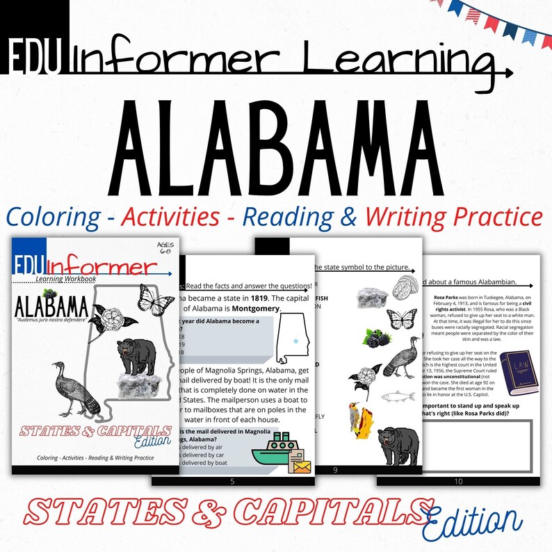 States and Capitals Series, Alabama Workbook, Printable and Digital ...