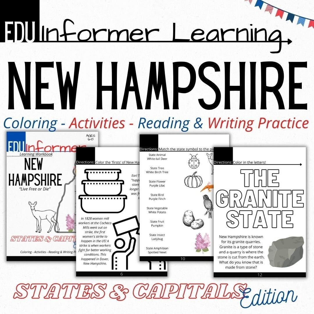 States and Capitals Series, New Hampshire Workbook, Printable and ...