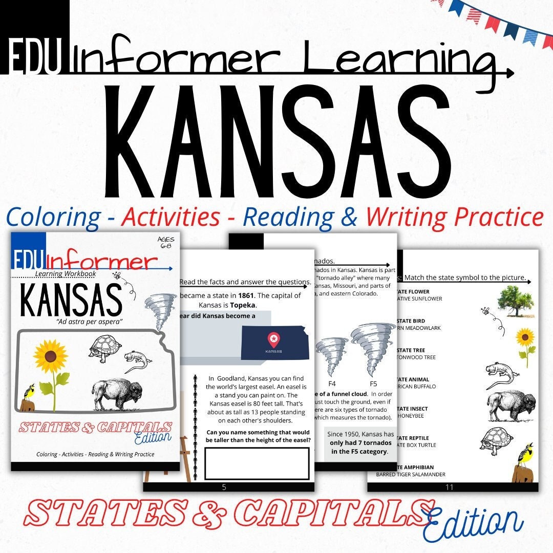 States and Capitals Series, Kansas Workbook, Printable and Digital ...