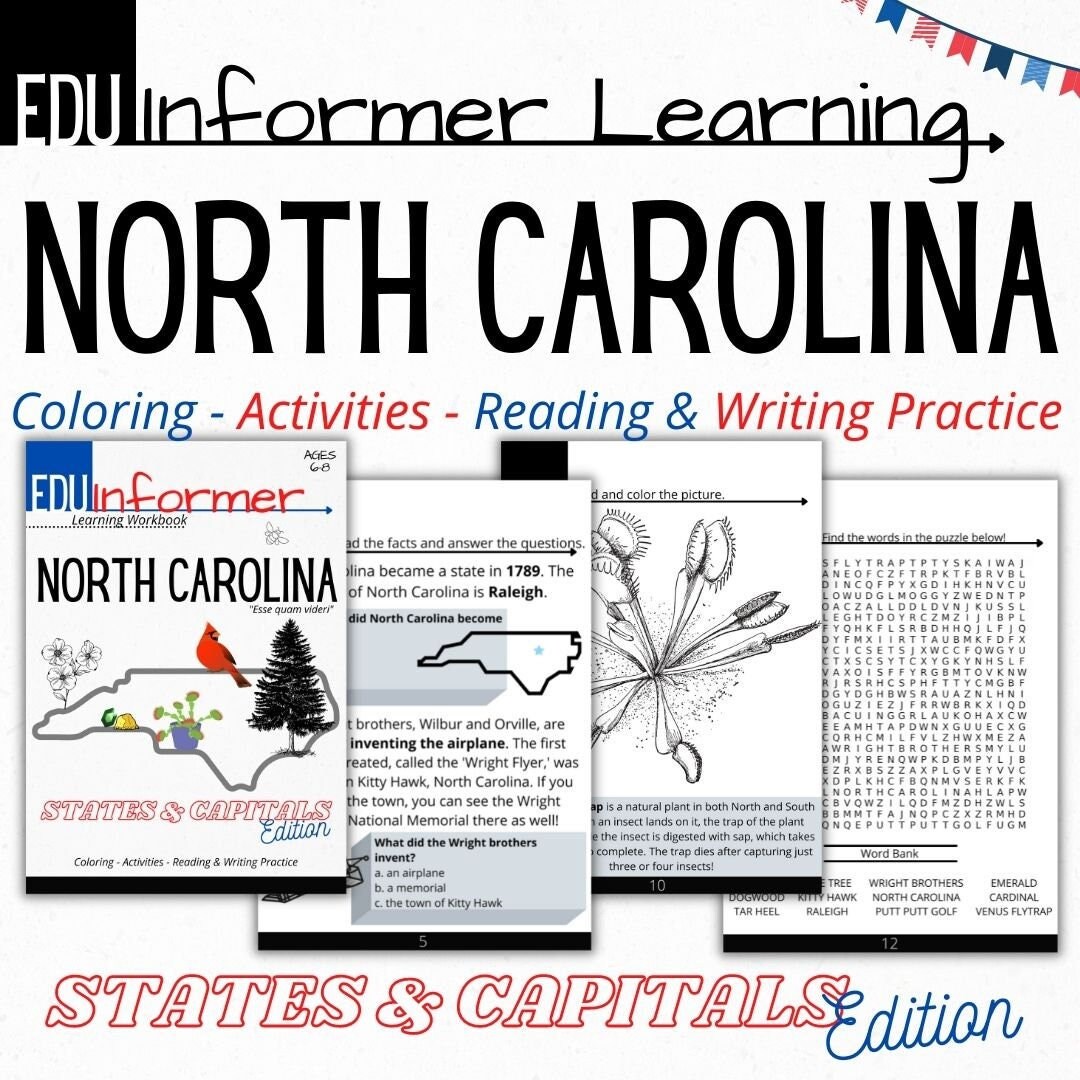 States and Capitals Series, North Carolina Workbook, Printable and ...