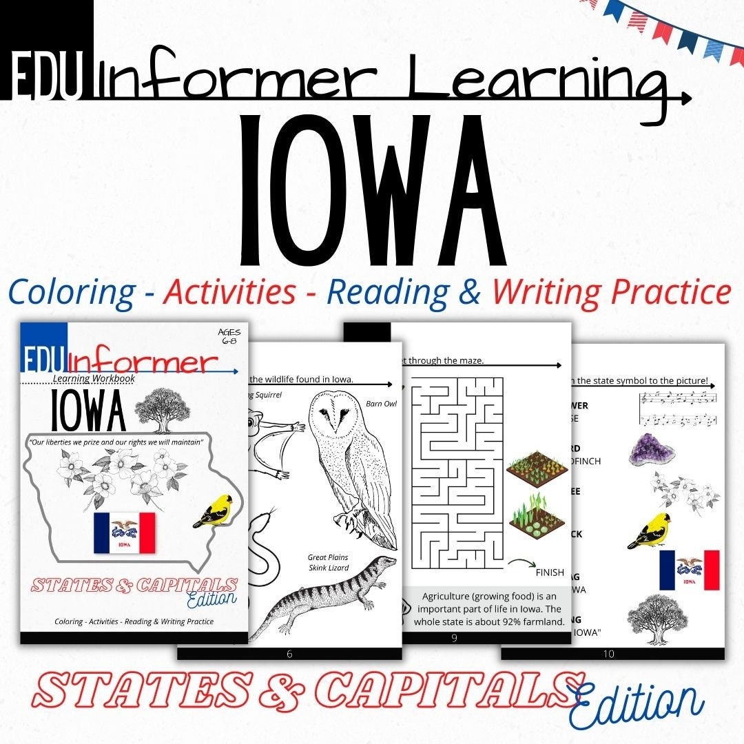 States and Capitals Series, Iowa Workbook, Printable and Digital ...