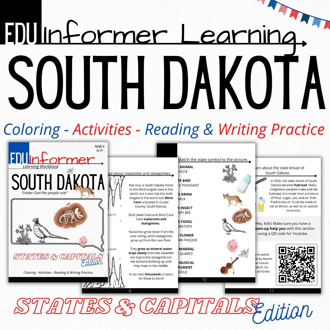 States and Capitals Series, South Dakota Workbook, Printable and ...
