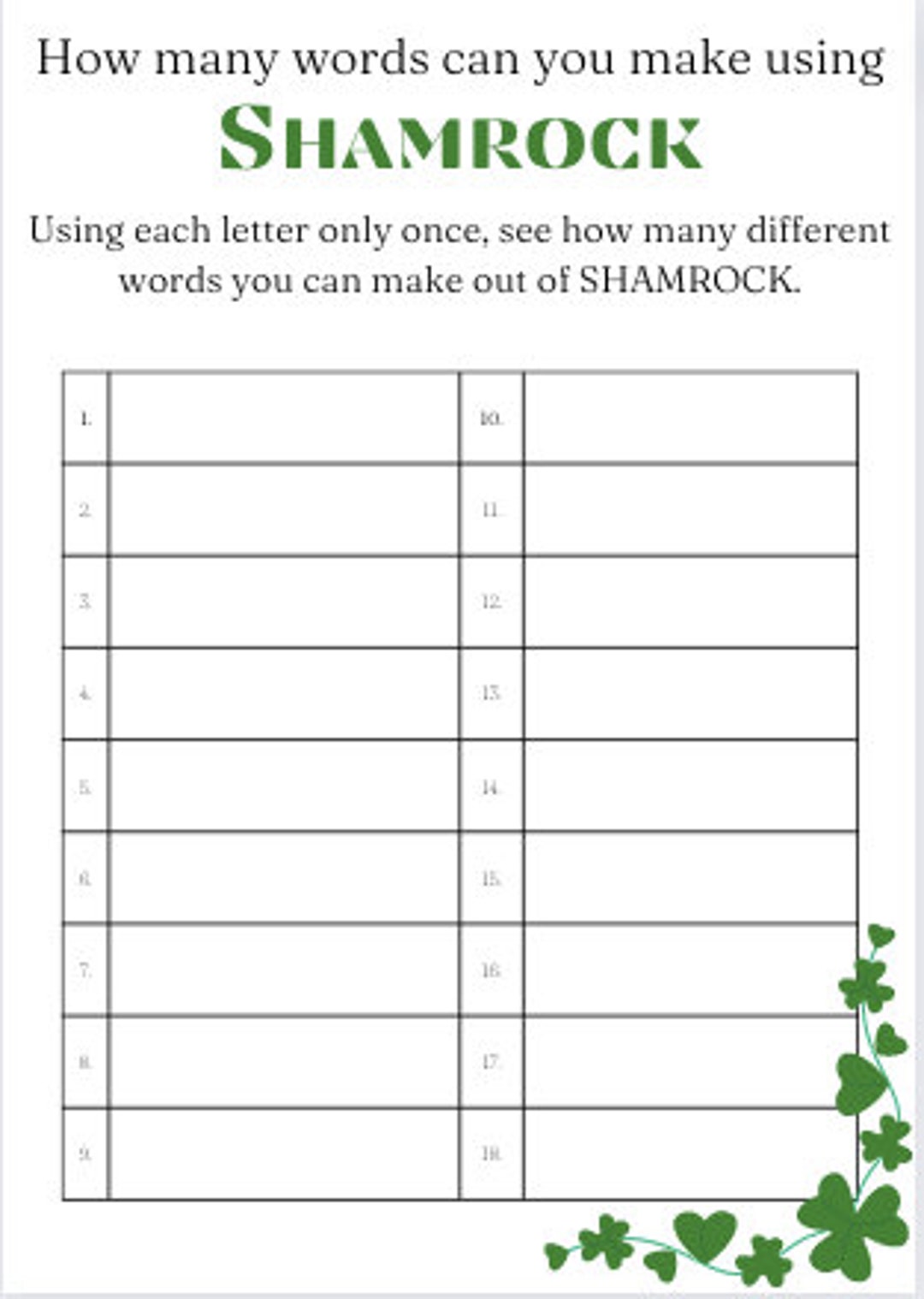 St. Patrick's Day 'shamrock' Printable Word Game! - Etsy