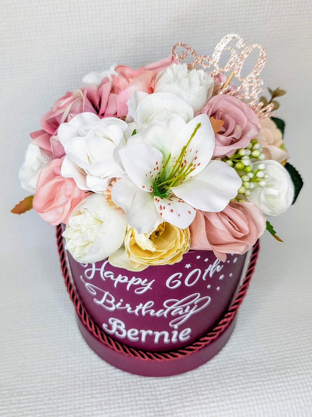 60th Birthday Bouquet, Artificial Floral Hatbox Display, Personalised ...