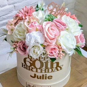60th Birthday Bouquet, Artificial Floral Hatbox Gift for Mum, Present ...