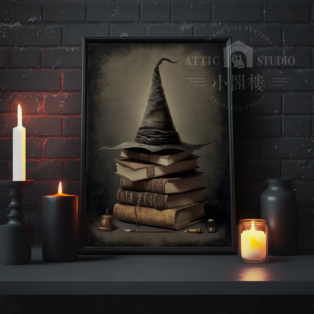 Wizard Hat on Antique Books, Vintage Poster, Dark Academia, Haunting ...